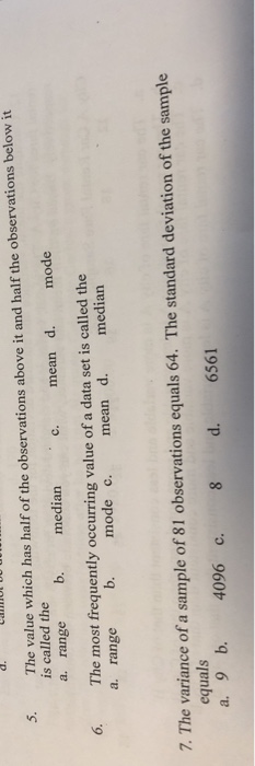 Solved The value which has half of the observations above it | Chegg.com