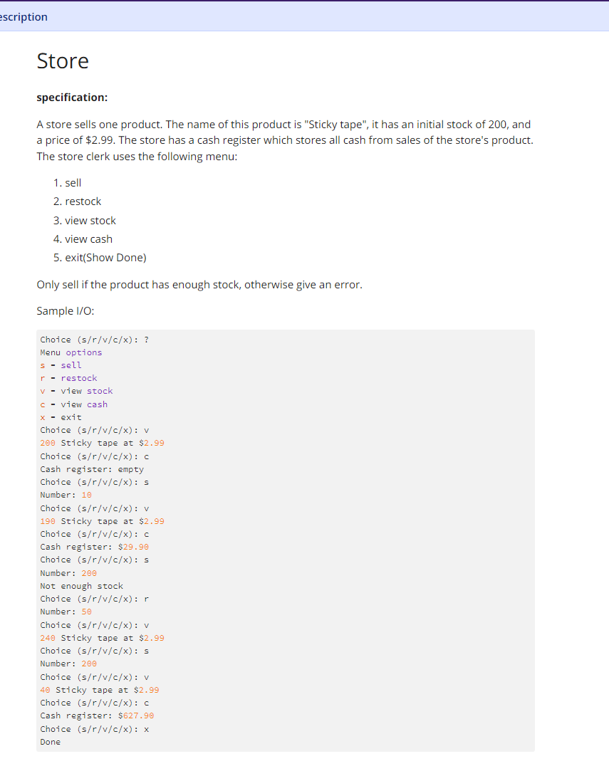 Solved escription Store specification: A store sells one | Chegg.com