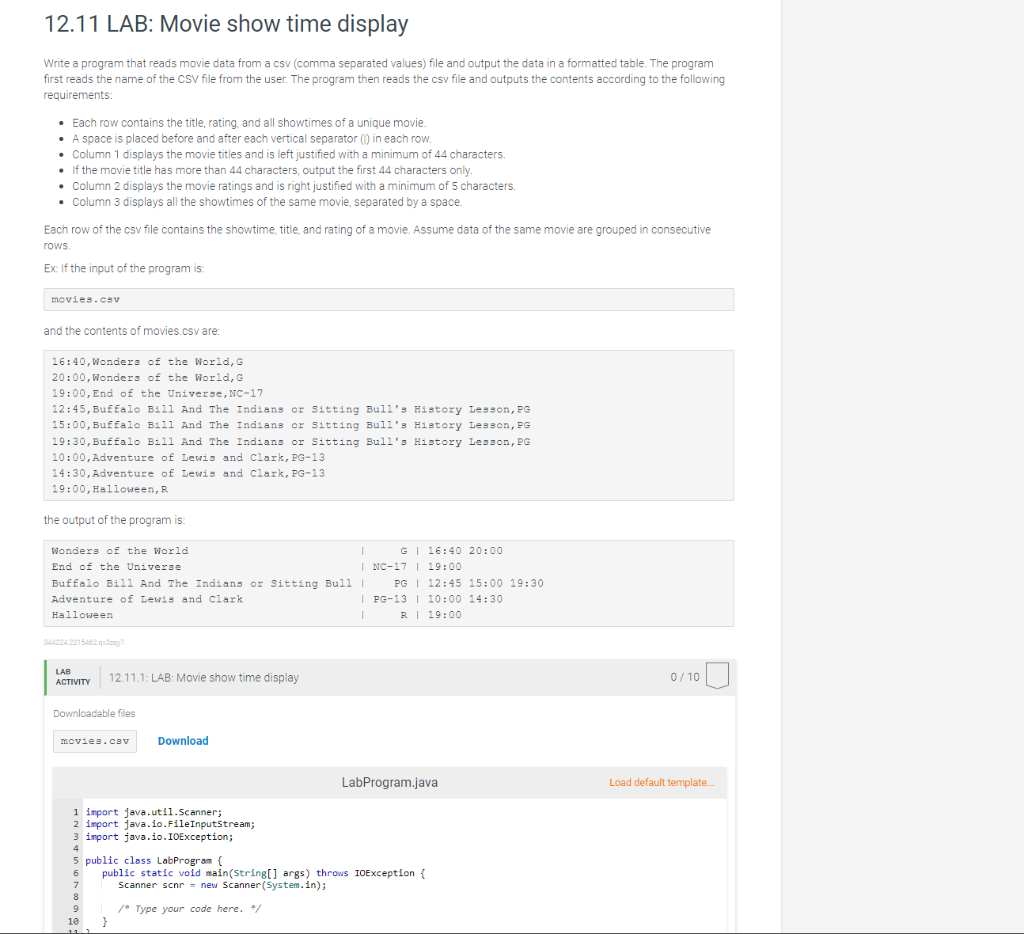 Solved 12.11 LAB: Movie show time display Write a program | Chegg.com