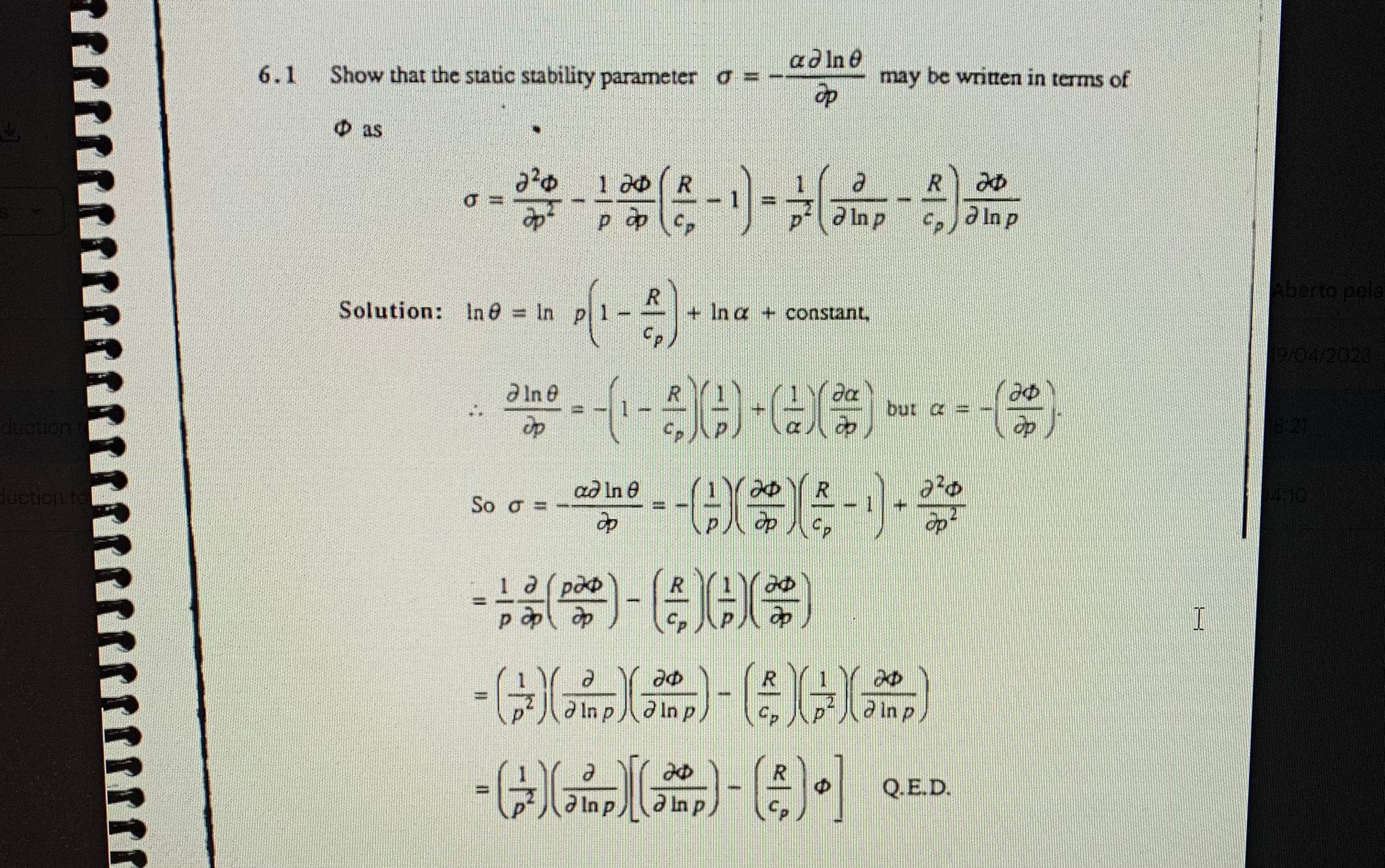 Solved Show that the static stability parameter σ=−∂pα∂lnθ | Chegg.com