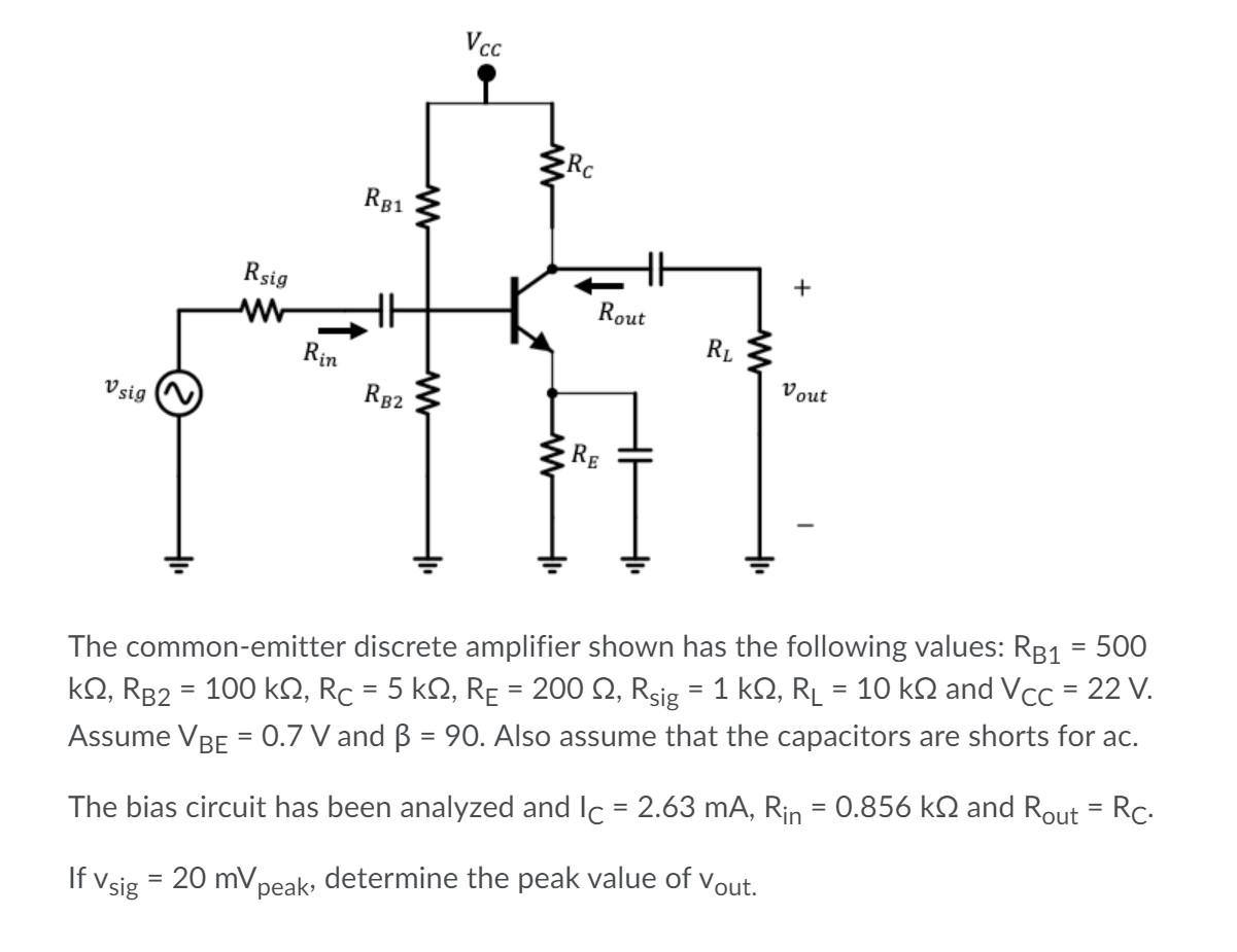 Solved Vcc •Rc RB1 Rsig HE + Rout Rin RL Vsig RB2 Vout RE = | Chegg.com