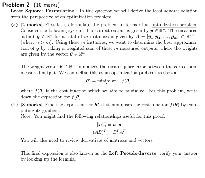 Solved Problem 2 (10 marks) Least Squares Formulation - In | Chegg.com