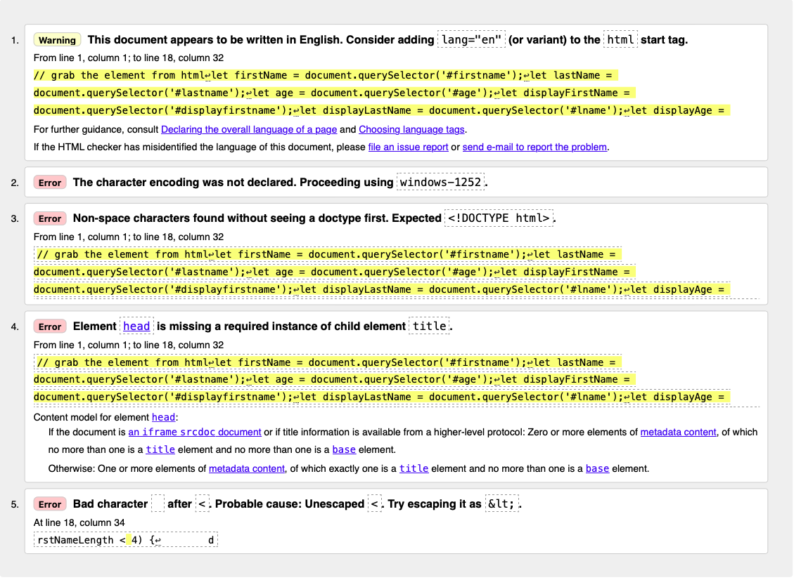 Solved Fix all the validation warnings and errors. // grab | Chegg.com