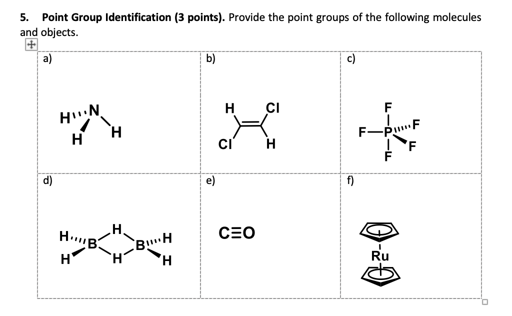 Solved 5. Point Group Identification (3 points). Provide the | Chegg.com