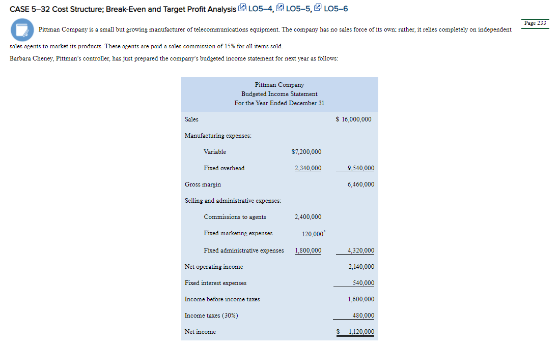 Solved CASE 5-32 Cost Structure; Break-Even and Target | Chegg.com