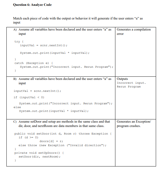 Solved Question 6: Analyze Code Match each piece of code | Chegg.com