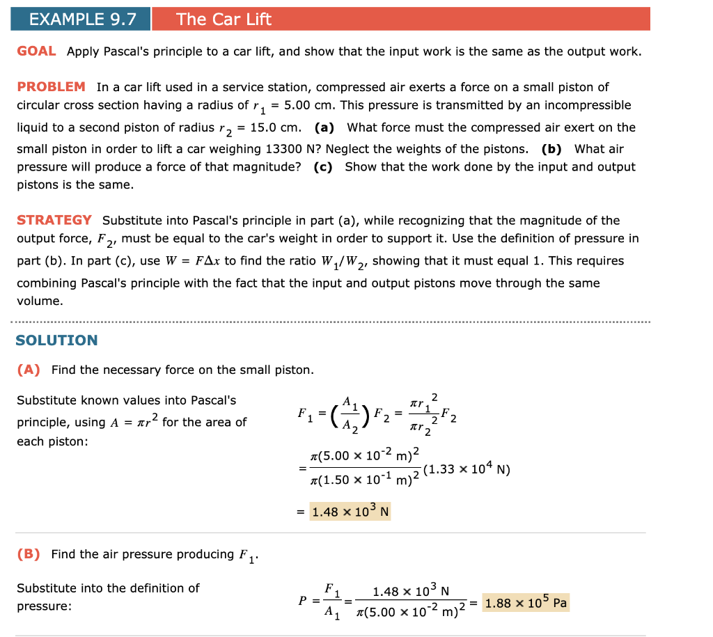 Solved EXAMPLE 9.7 The Car Lift GOAL Apply Pascal's | Chegg.com