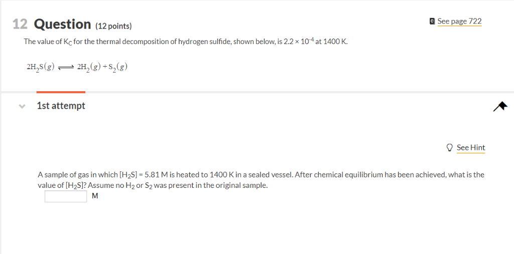 Solved a See page 722 12 Question (12points) The value of Kc | Chegg.com