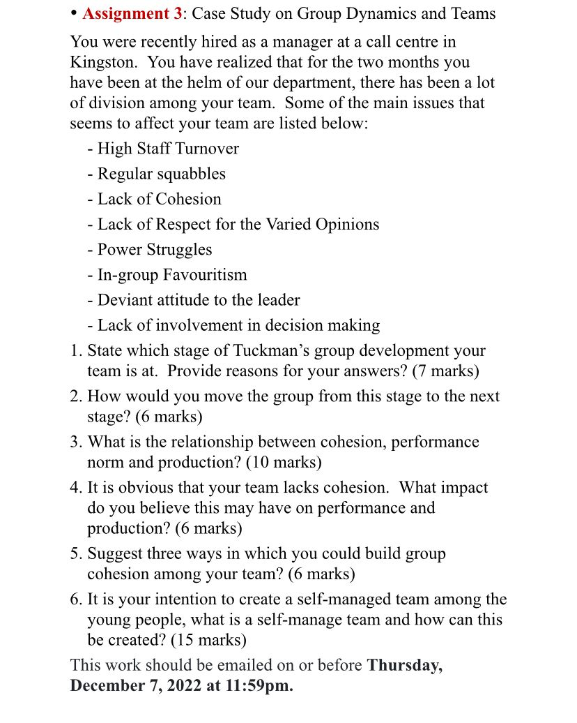 Solved - Assignment 3: Case Study on Group Dynamics and | Chegg.com
