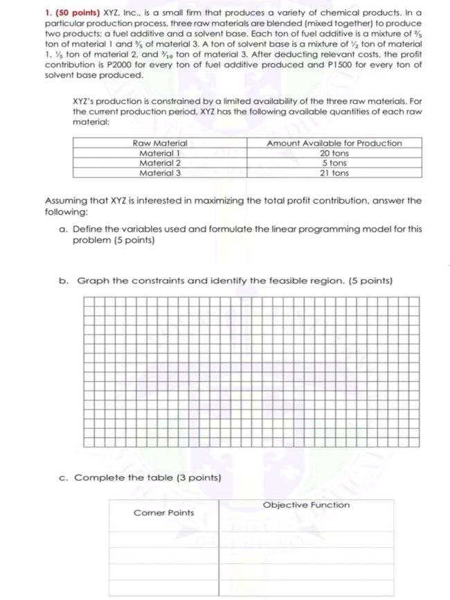 Solved 1. (50 points) XYZ. Inc., is a small firm that | Chegg.com