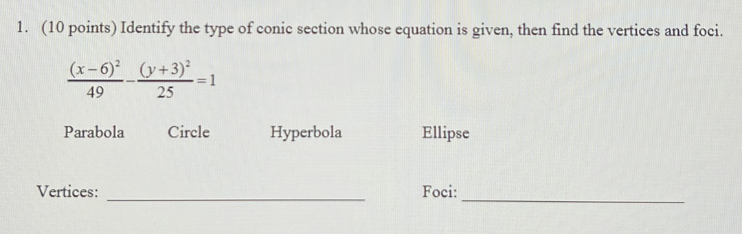 Solved 1. (10 points) Identify the type of conic section | Chegg.com
