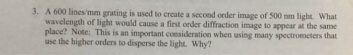 Solved 3. A 600 lines/mm grating is used to create a second | Chegg.com