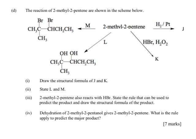 Solved (d) The reaction of 2-methyl-2-pentene are shown in | Chegg.com