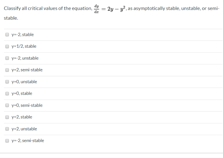 Solved Classify all critical values of the equation, dy = 2y | Chegg.com