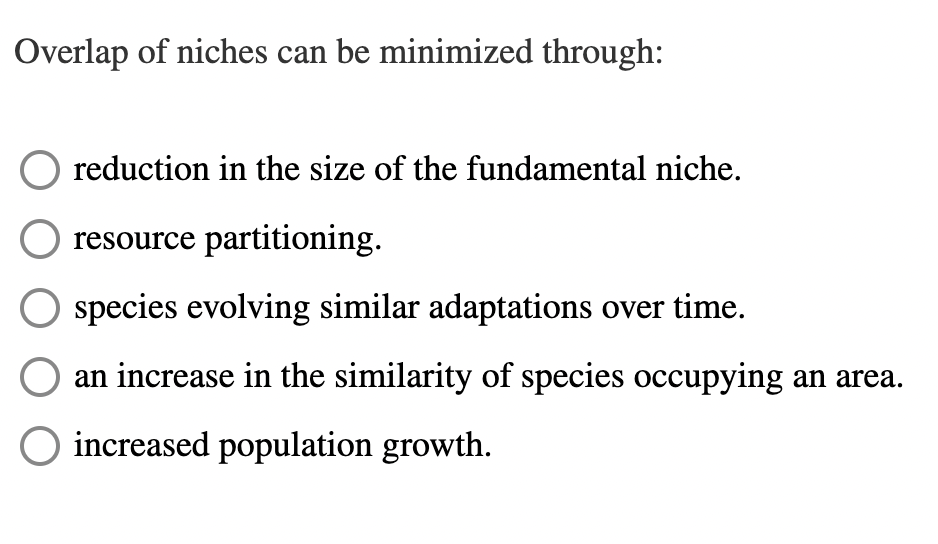 Solved Overlap of niches can be minimized through:reduction | Chegg.com