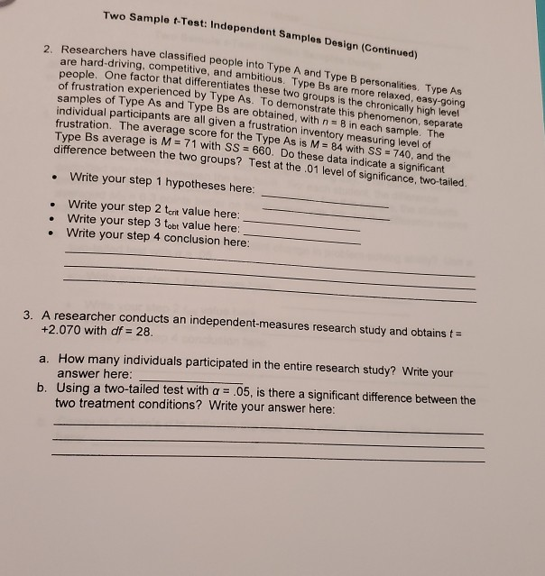 Solved Two Sample t-Test: Independent Samples Design | Chegg.com