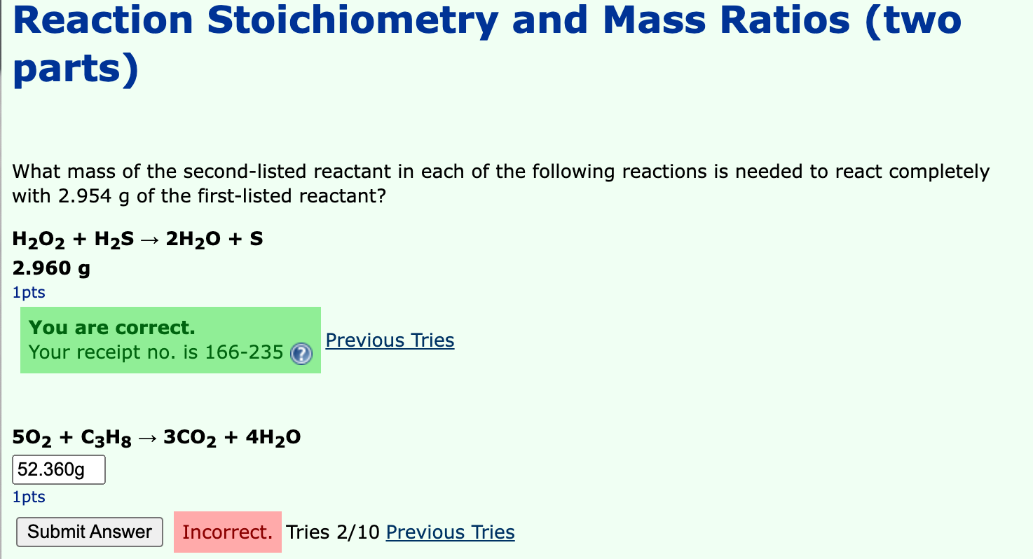 Solved Reaction Stoichiometry and Mass Ratios (two parts) | Chegg.com