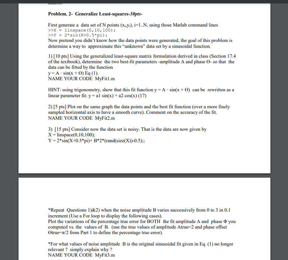 Solved Problem. 2- Generalize Least-squares-30pts- First | Chegg.com