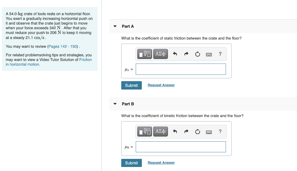 Solved Part A A 54.0-kg crate of tools rests on a horizontal | Chegg.com