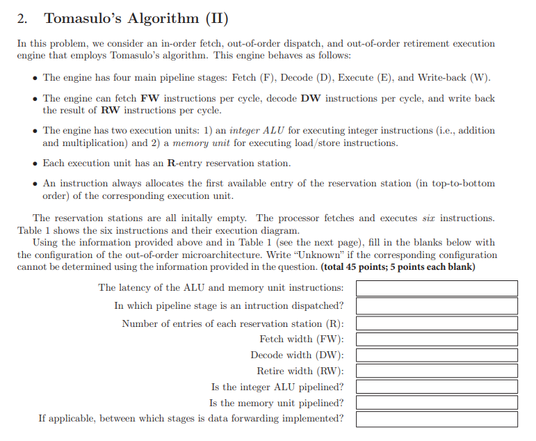 2. Tomasulo's Algorithm (II) In this problem, we | Chegg.com