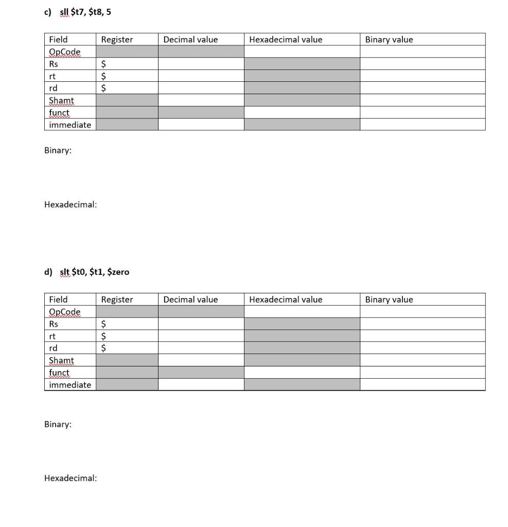 c) sll \$t7, \$t8, 5 Binary: Hexadecimal: d) slt | Chegg.com