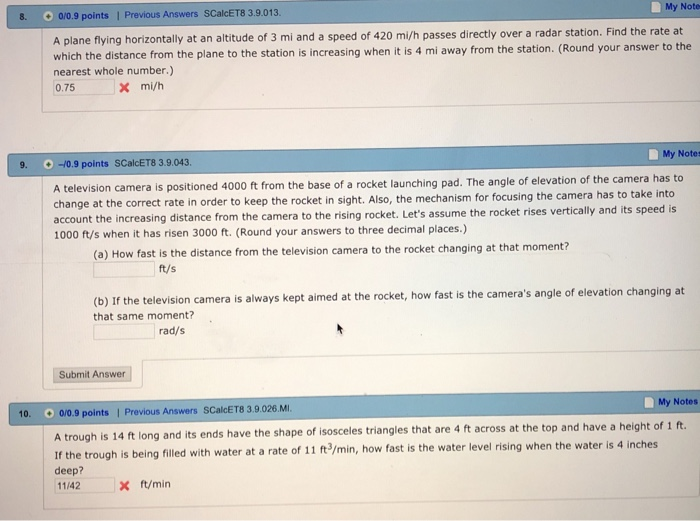 Solved 8. o/0.9 points | Previous Answers SCalcET8 3.9.013. | Chegg.com