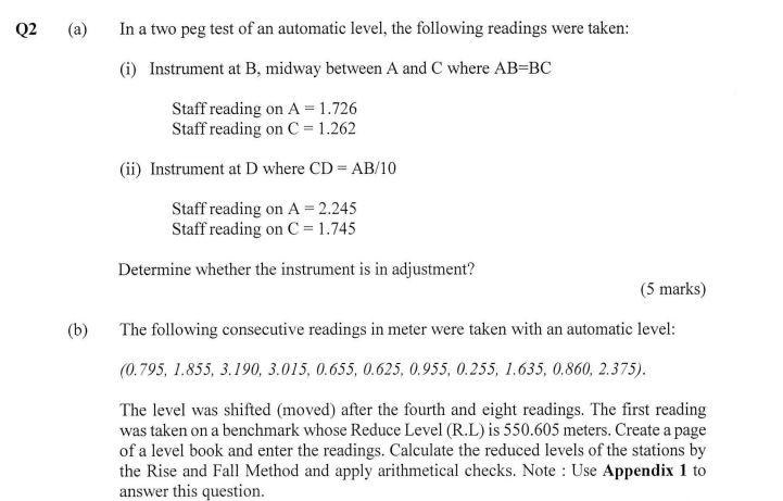 Solved Q2 (a) (b) In a two peg test of an automatic level, | Chegg.com