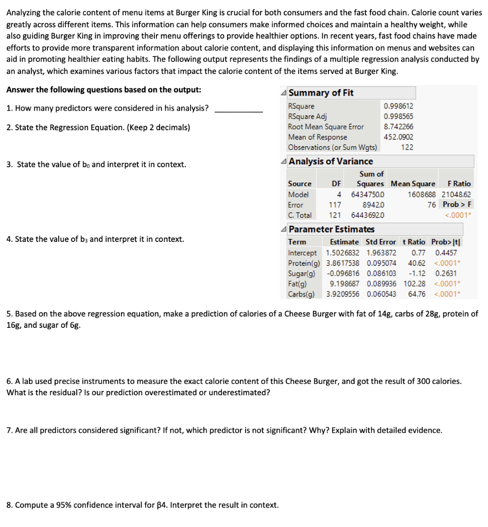Solved Analyzing the calorie content of menu items at Burger | Chegg.com