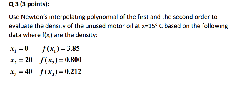 Solved Q 3 (3 ﻿points):Use Newton's interpolating polynomial | Chegg.com