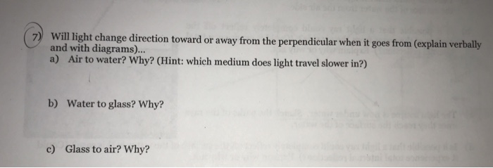 Solved 7) Will light change direction toward or aw and with | Chegg.com