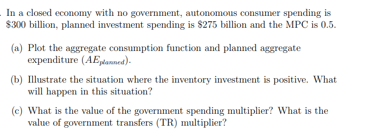 Solved In a closed economy with no government, autonomous | Chegg.com