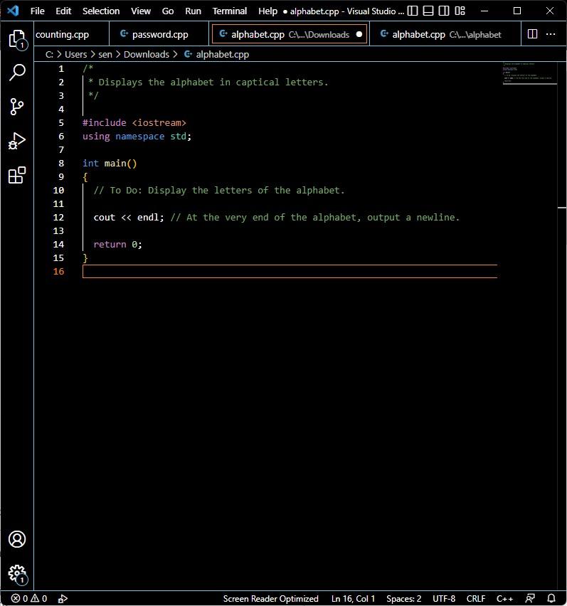 Solved Using a for loop in alphabet.cpp, output each | Chegg.com