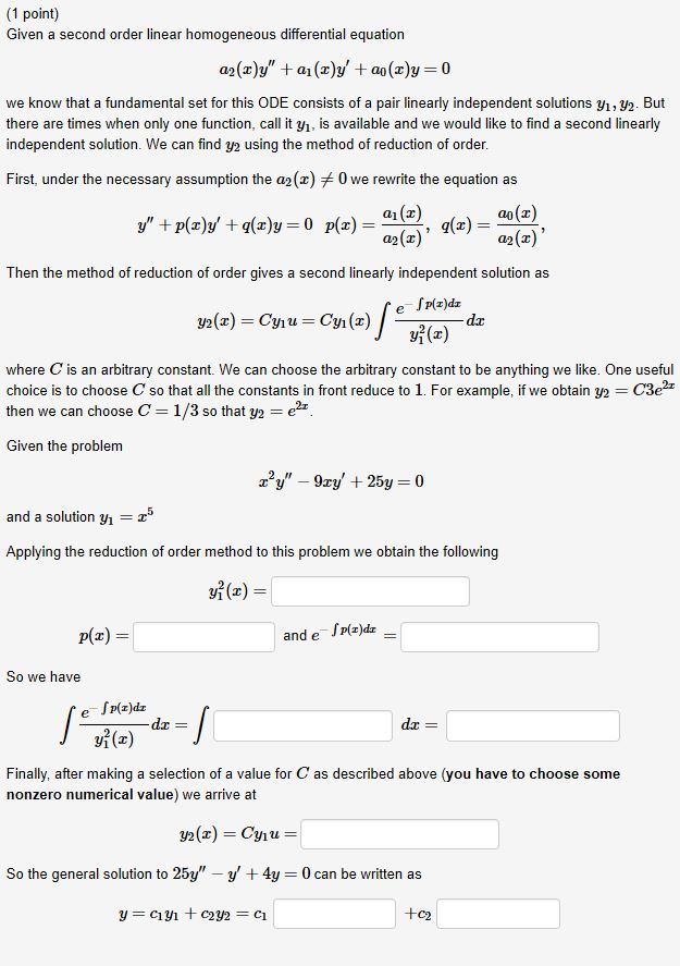 Solved (1 point) Given a second order linear homogeneous | Chegg.com