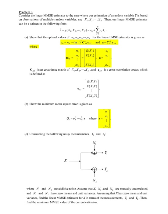 Solved Problem 3 Consider the linear MMSE estimator to the | Chegg.com Solved Problem 3 Consider the linear MMSE estimator to the | Chegg.com