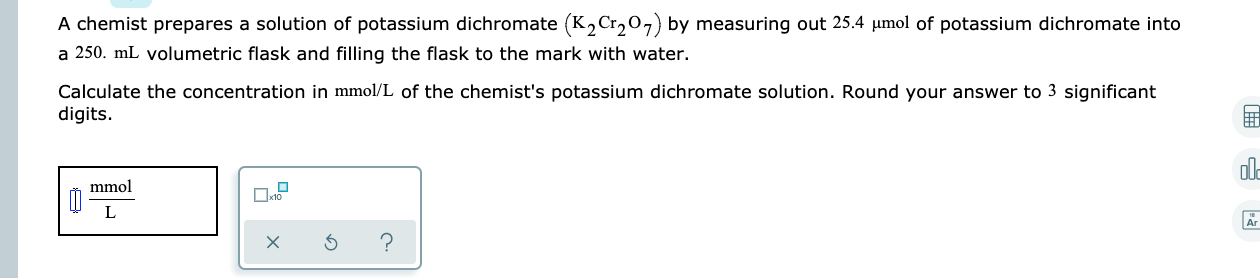 Solved A chemist prepares a solution of potassium dichromate | Chegg.com