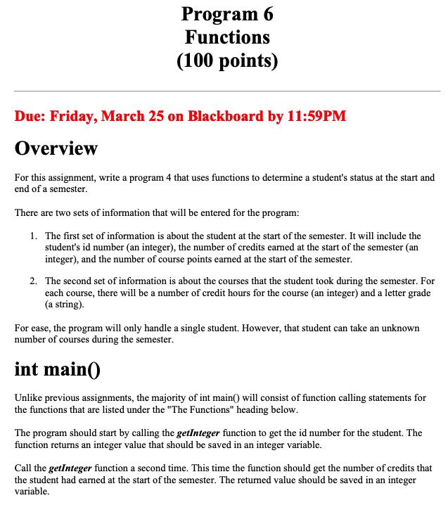 Solved Program 6 Functions (100 points) Due: Friday, March | Chegg.com