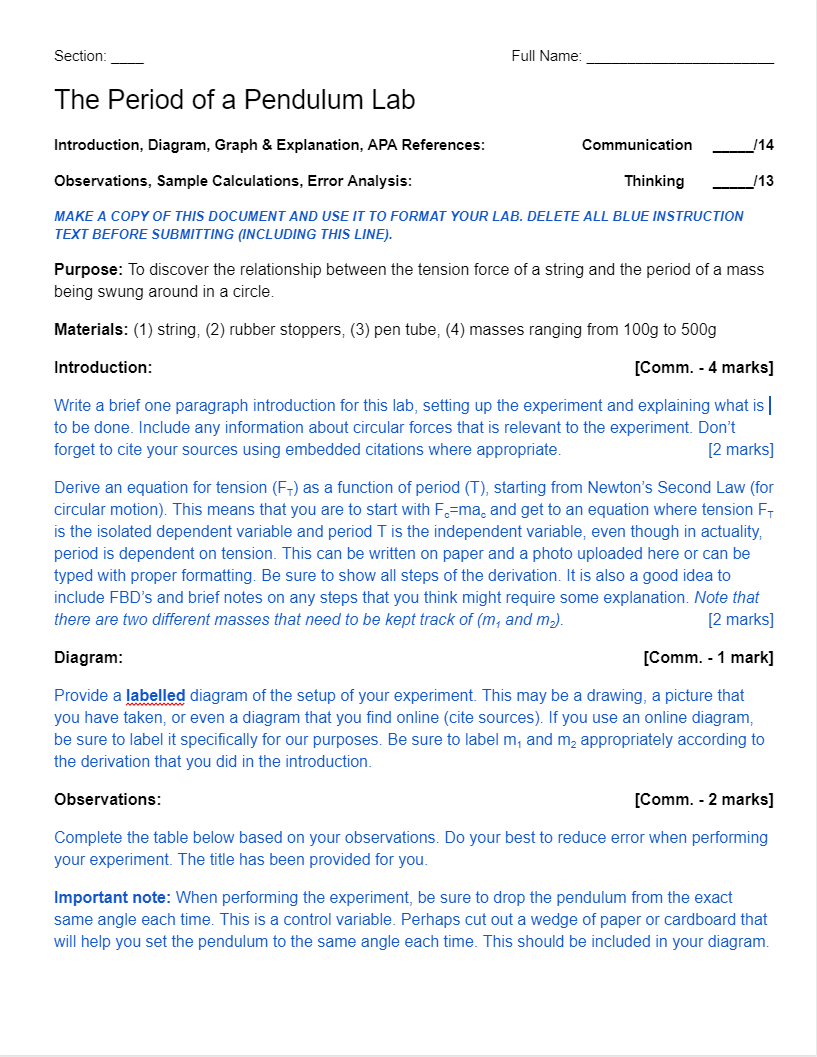 Section: Full Name: The Period of a Pendulum Lab | Chegg.com