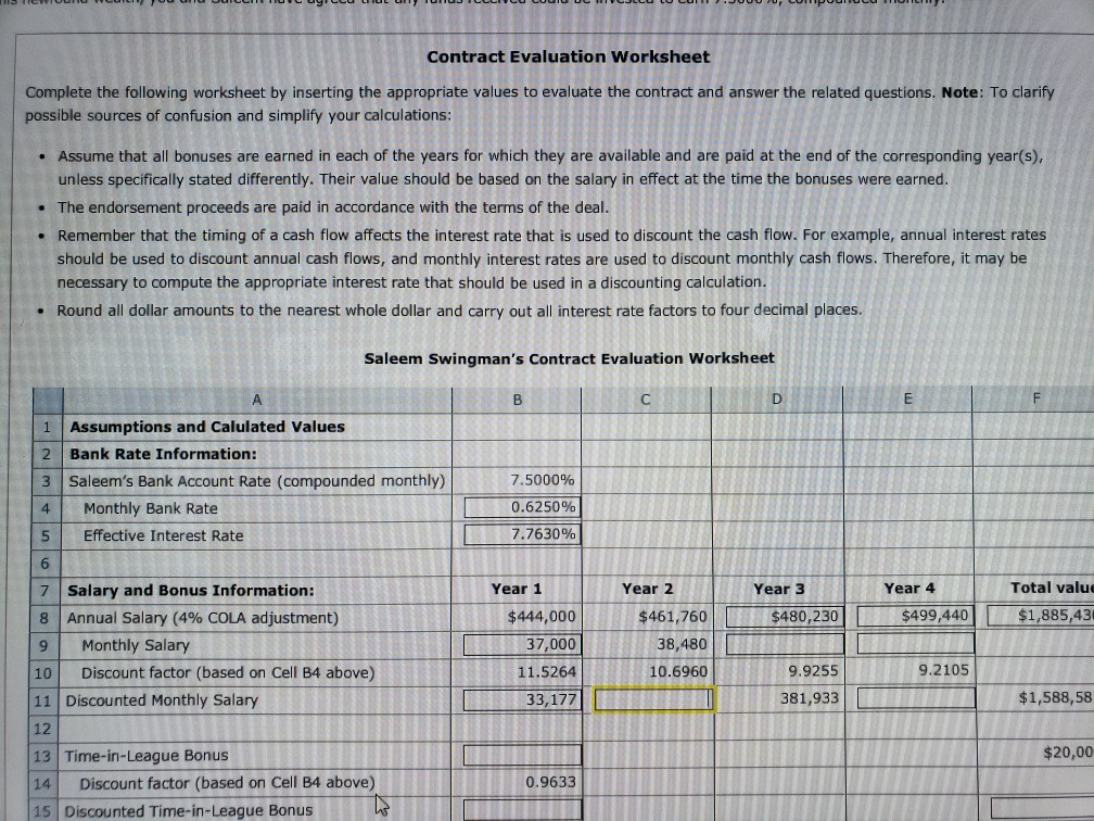 Solved Contract Evaluation Worksheet Complete the following | Chegg.com
