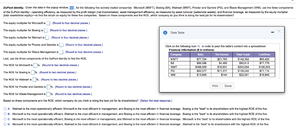 Solved DuPont identity. Given the data in the popup window. | Chegg.com