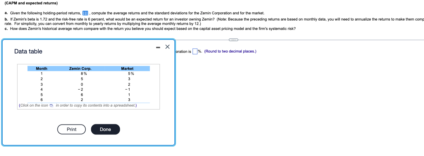 Solved (CAPM and expected returns) a. Given the following | Chegg.com