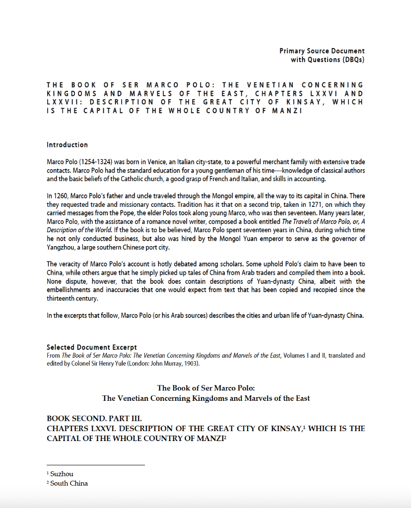 with Questions (DBQs) THE BOOK OF SER MARCO POLO: THE | Chegg.com