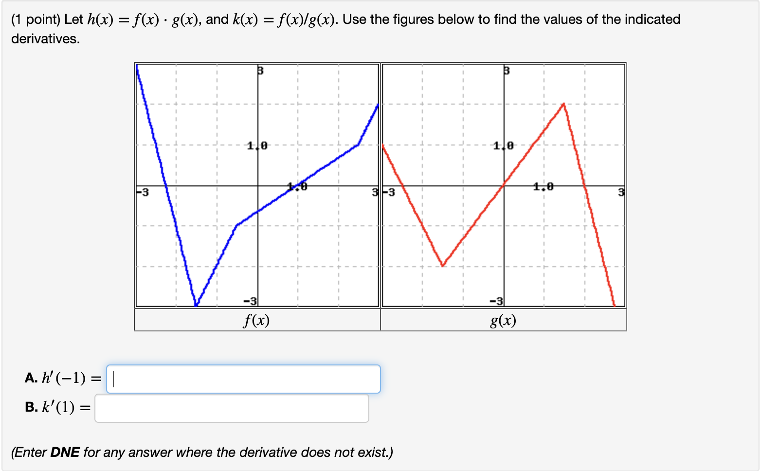 Solved (1 point) Let h(x)=f(x)⋅g(x), and k(x)=f(x)/g(x). Use | Chegg.com
