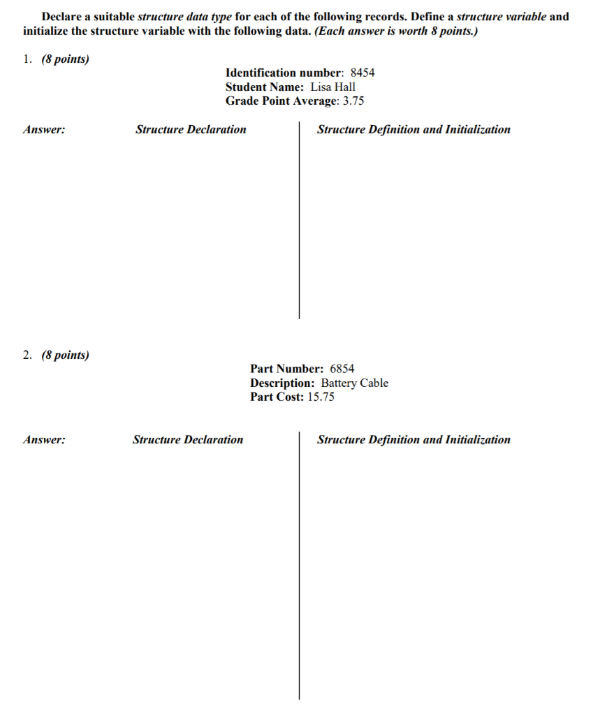 Solved Declare a suitable structure data type for each of | Chegg.com