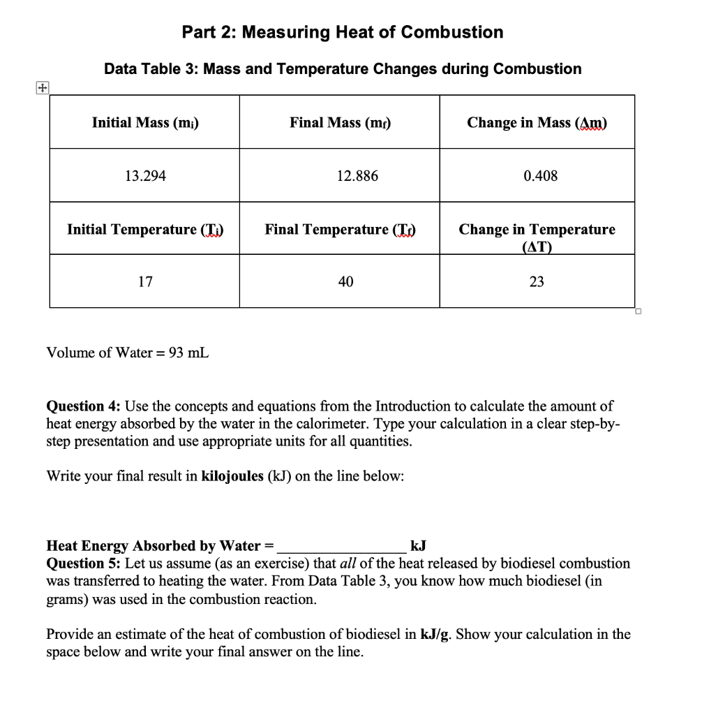 Solved Part 2: Measuring Heat of Combustion Data Table 3: | Chegg.com