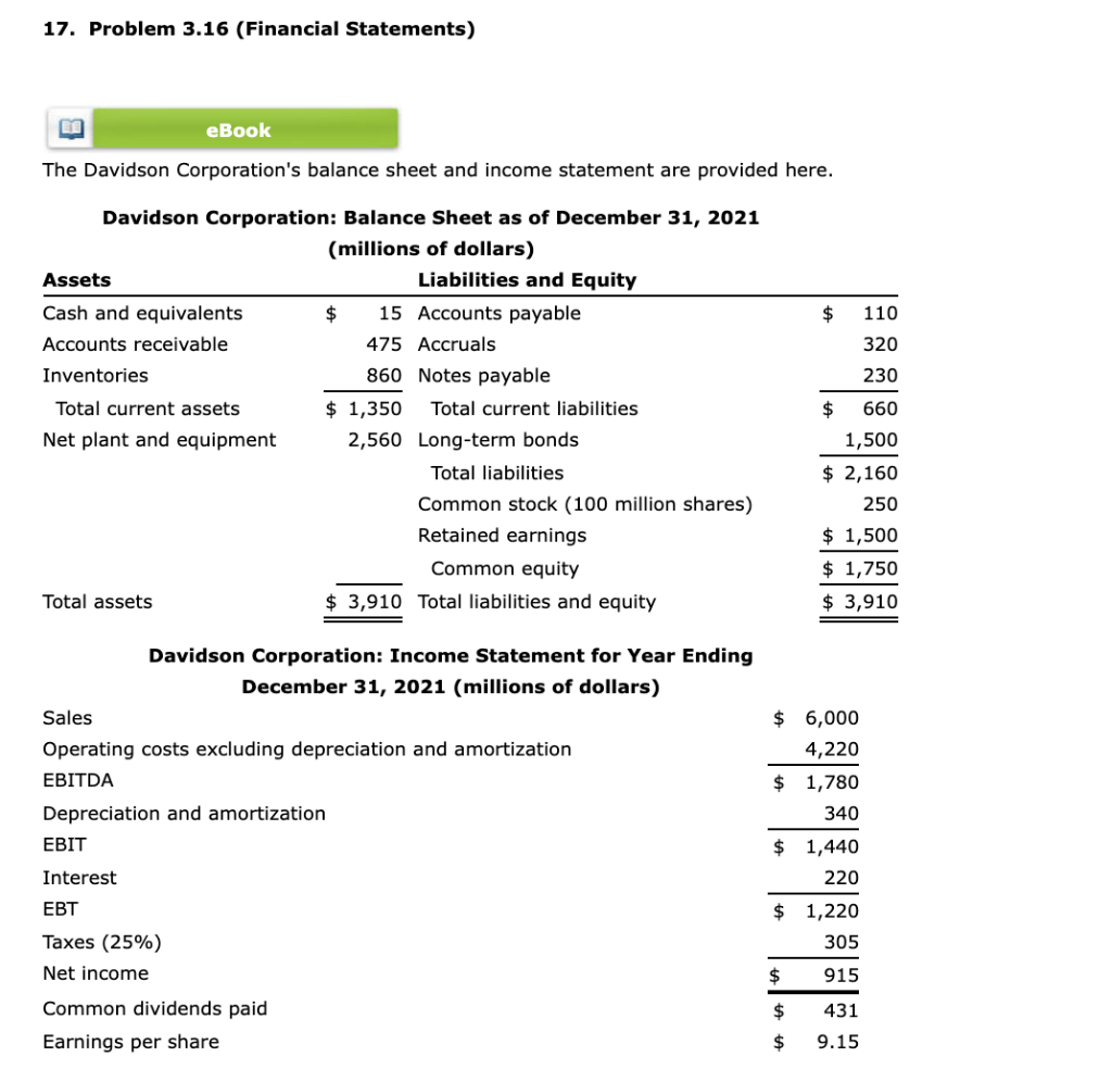 Solved 17. Problem 3.16 (Financial Statements) eBook The | Chegg.com