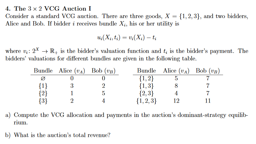 4. The 3×2 VCG Auction I Consider a standard VCG | Chegg.com