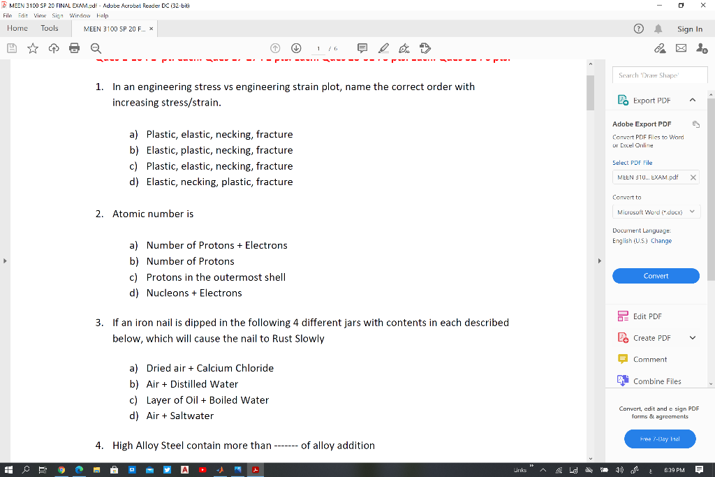 Solved х MEEN 3100 SP 20 FINAL EXAM. df - Adobe Acrobat | Chegg.com
