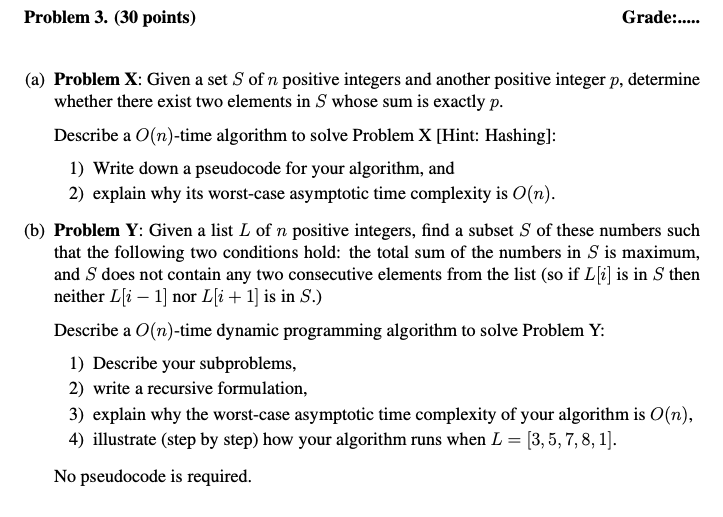 Solved Problem 3. (30 points) Grade:..... (a) Problem X: | Chegg.com