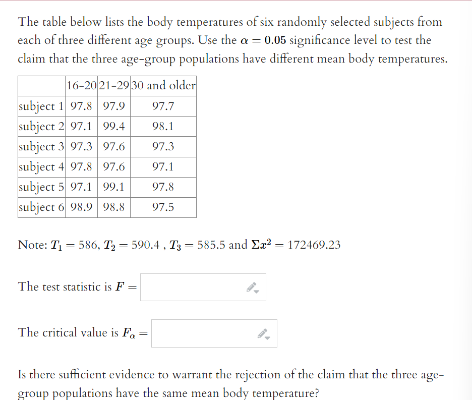 Solved The table below lists the body temperatures of six | Chegg.com