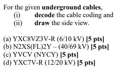 For the given underground cables, decode the cable | Chegg.com